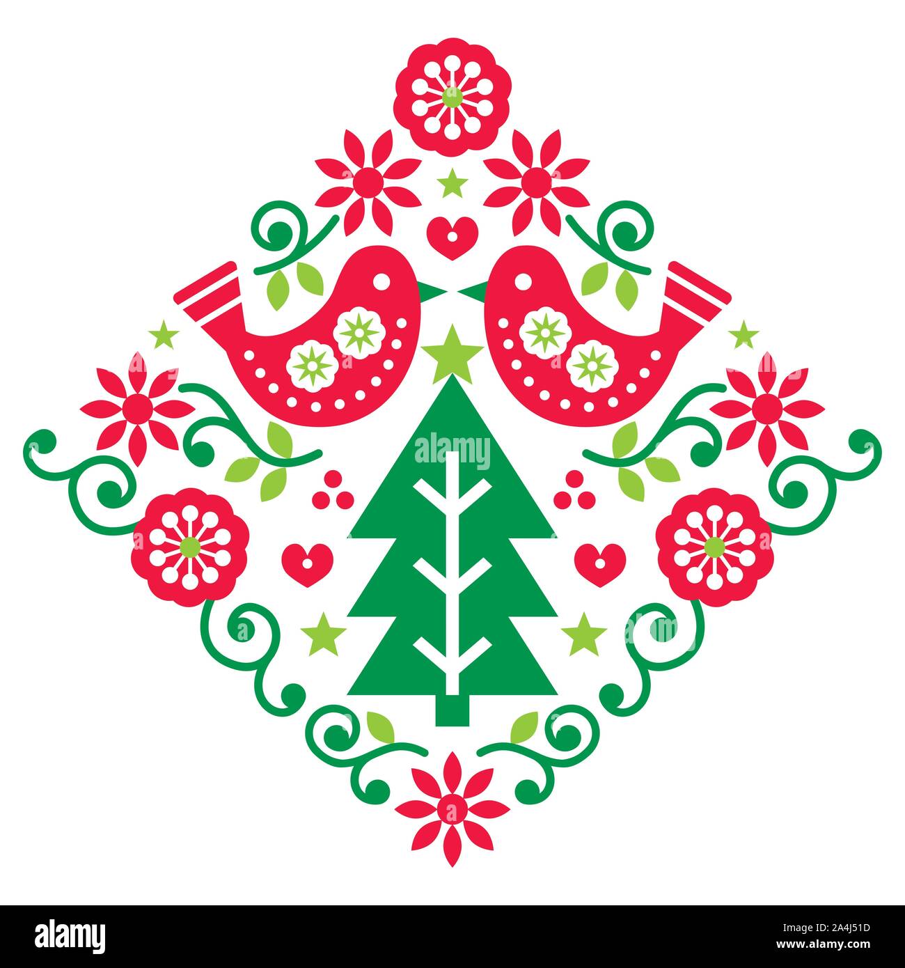 Christmas Scandinavian folk art vector pattern with birds and flowers ...
