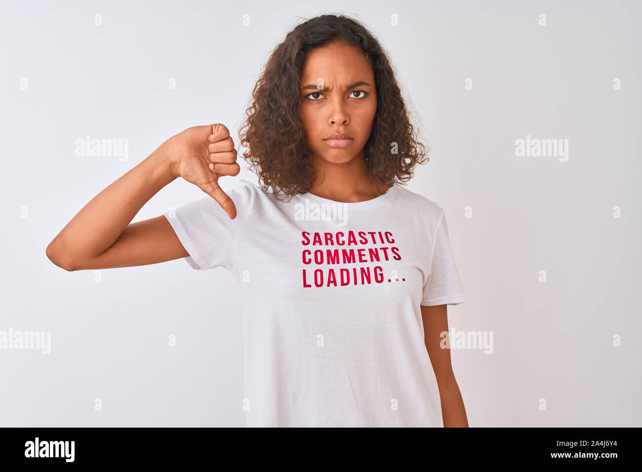 Brazilian woman wearing fanny t-shirt with irony comments over isolated ...