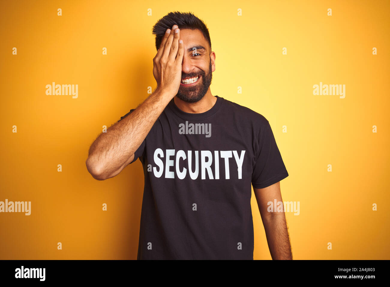 Arab indian hispanic safeguard man wearing security uniform over ...