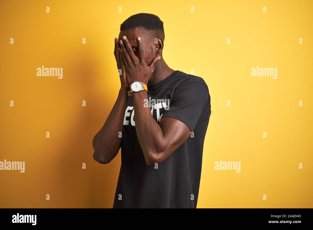 African american safeguard man wearing security uniform over isolated ...