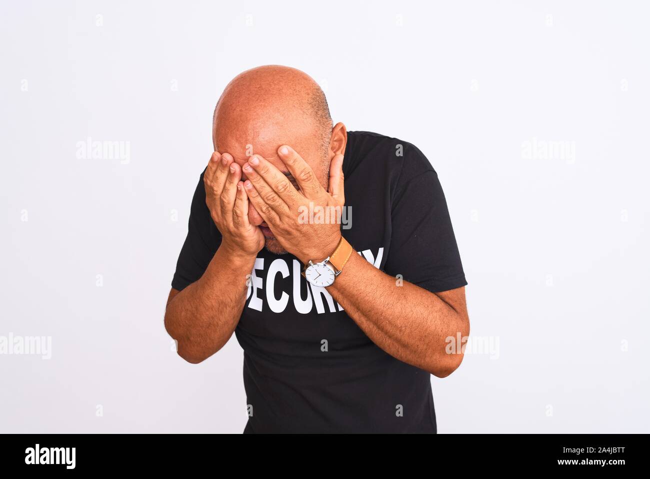 Middle age safeguard man wearing security uniform standing over ...