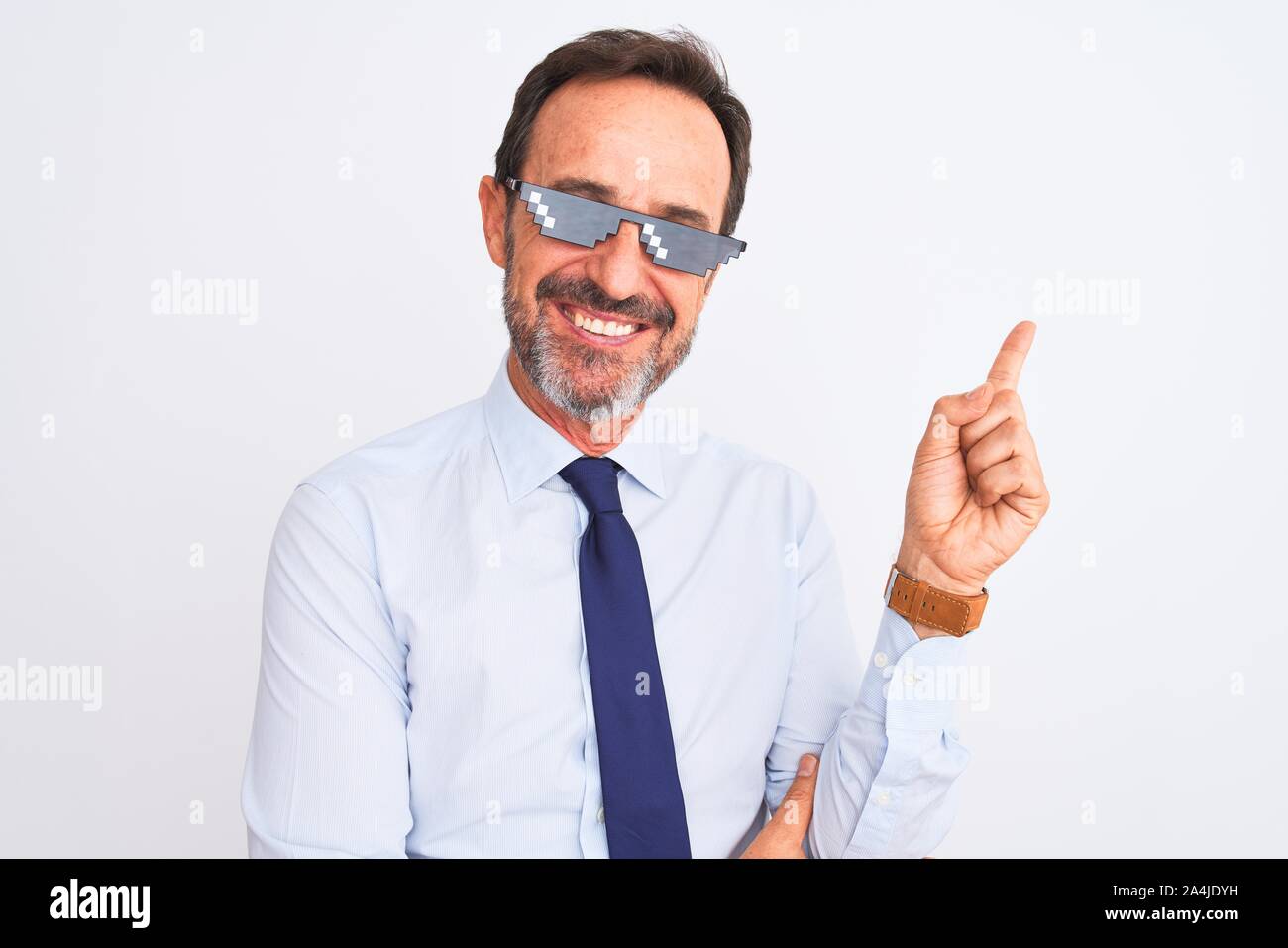 Middle age businessman wearing thug life sunglasses over isolated white ...