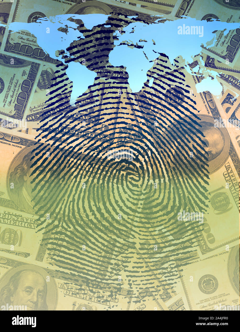 Money. 100 dollars banknotes, world map and fingerprint Stock Photo - Alamy
