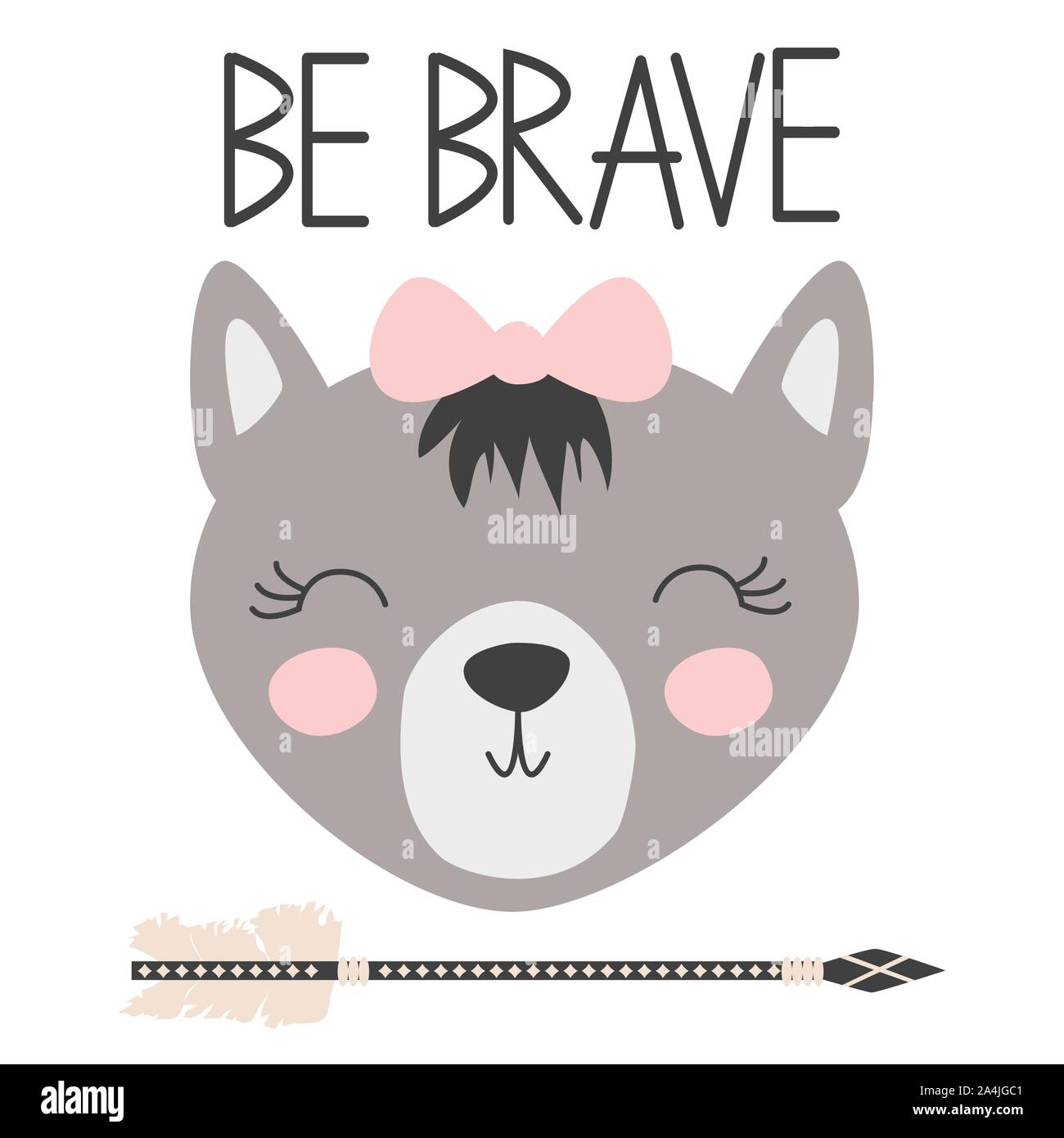 Cute sweet little wolf girl smiling face art. Lettering quote to be ...