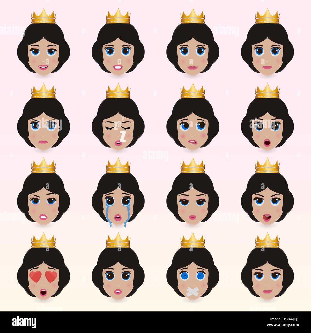 Set of cute queen emoticons. Various emotions of the character. Set of ...