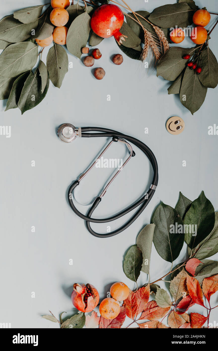 autumn background with medical equipment and red yellow leaves Stock ...