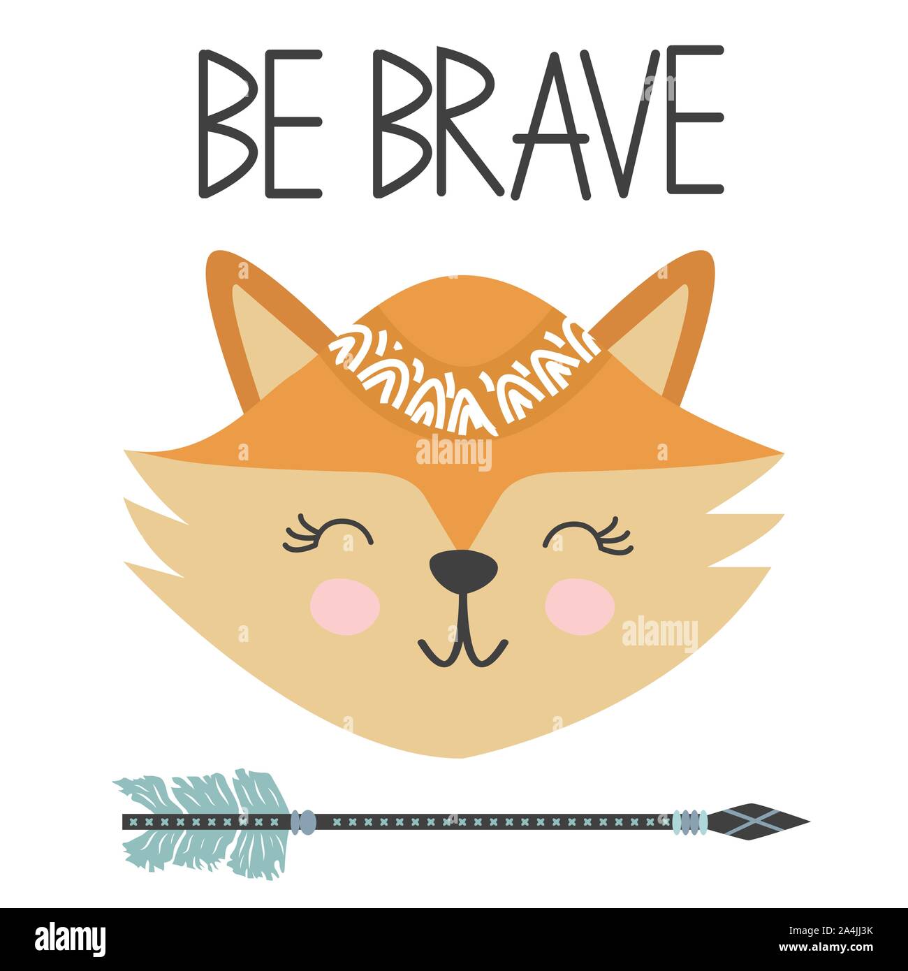 Cute sweet little fox smiling face art. Lettering quote Be Brave. Kids ...