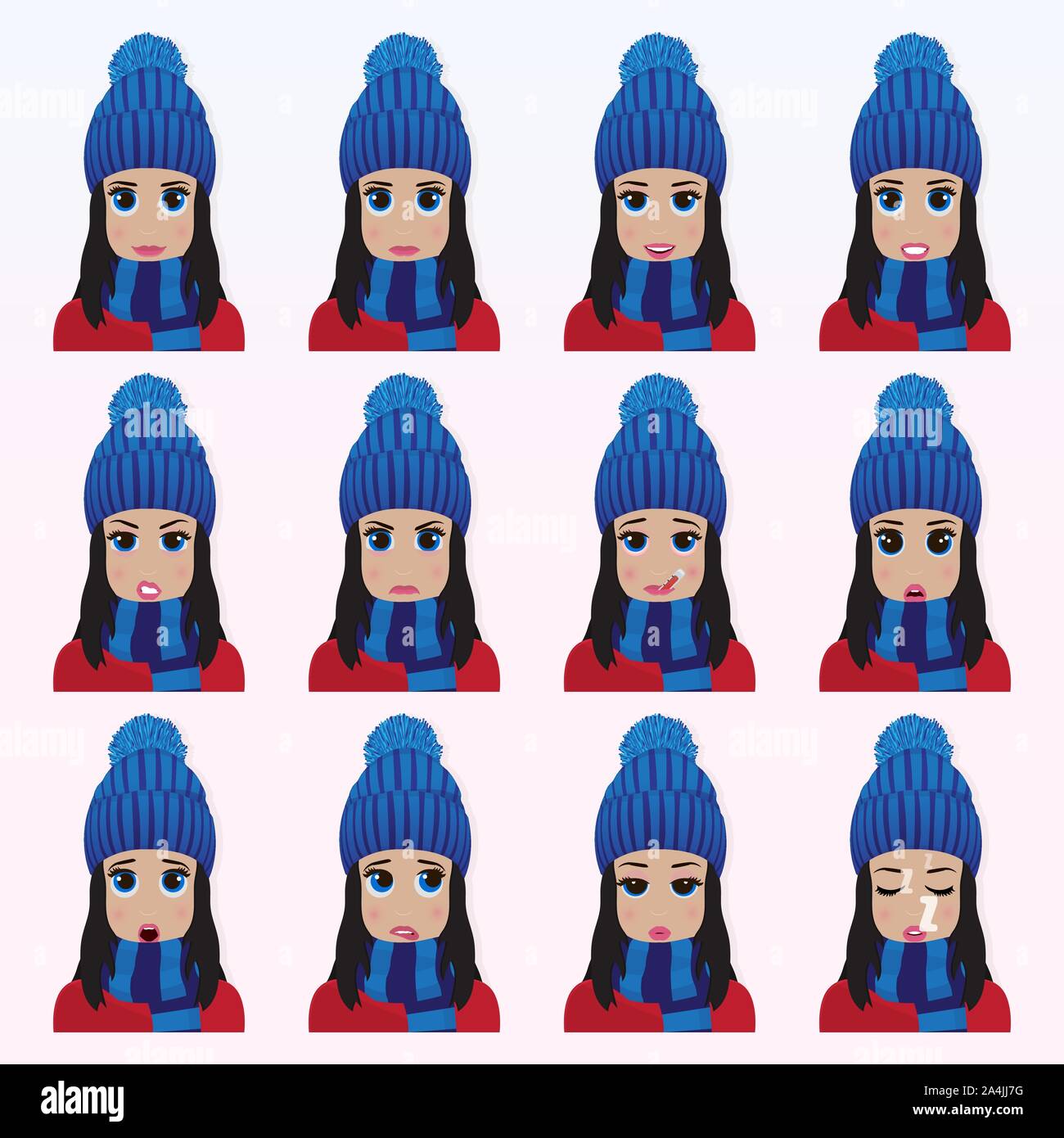 Set of cute girl in winter hat emoticons. Various emotions of the ...