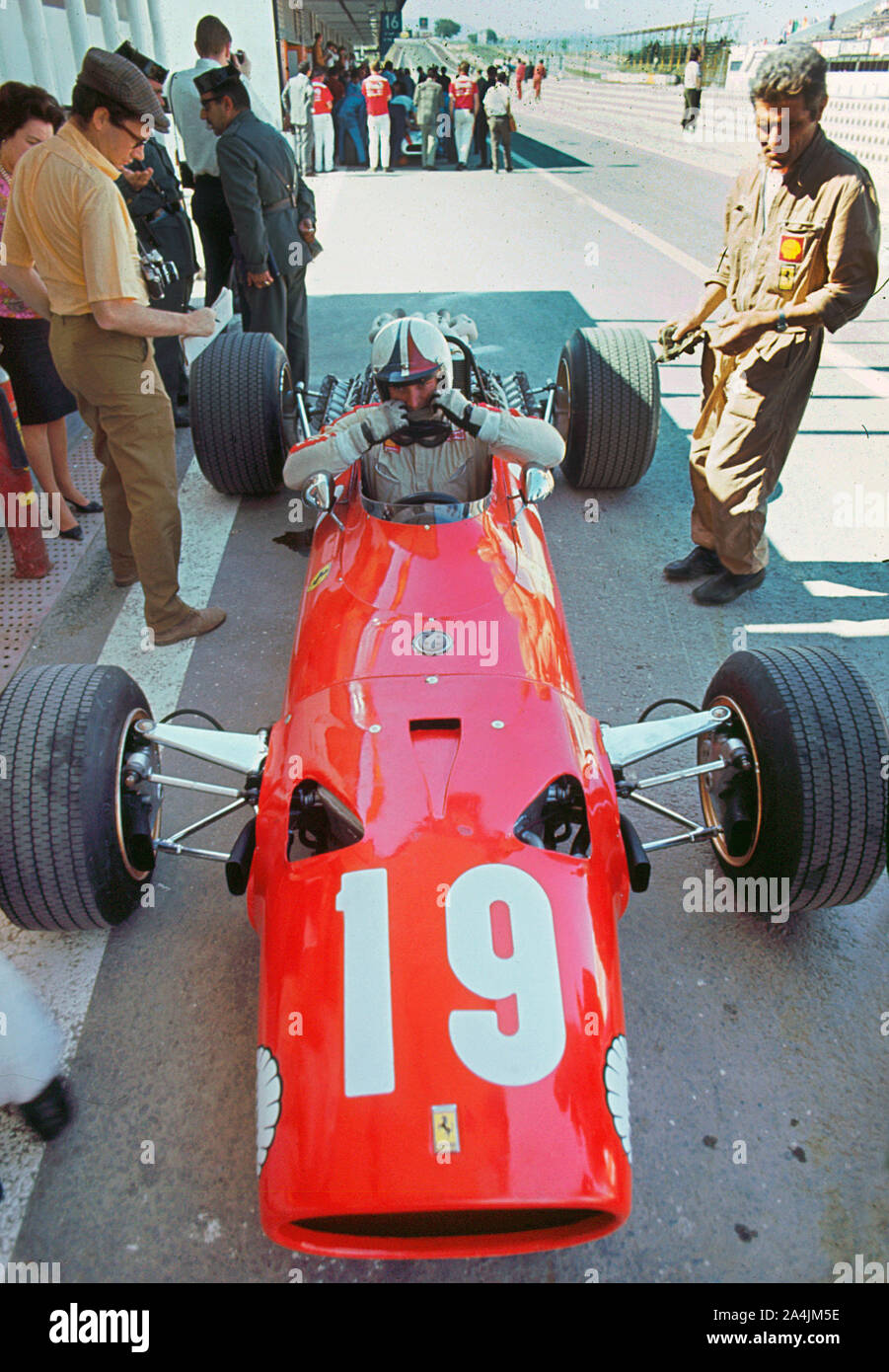Ferrari in pits during 1968 Spanish Grand Prix, Chris Amon Stock Photo ...