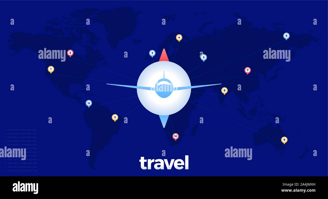 World Map Whit Dashed Trace Line With Pin Location And Airplanes In