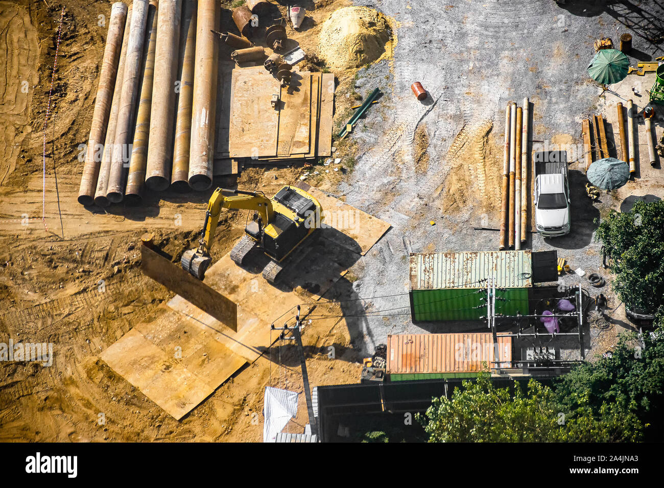 Aerial view of site preparation, site clearance, ground works and ...