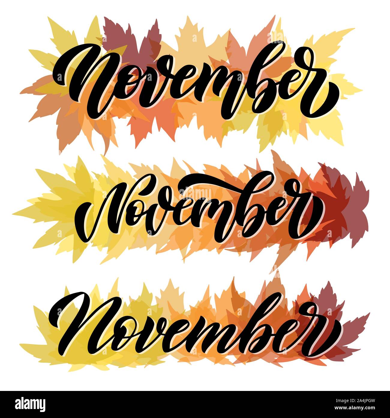 November, set of three script hand written compositions with decorative ...