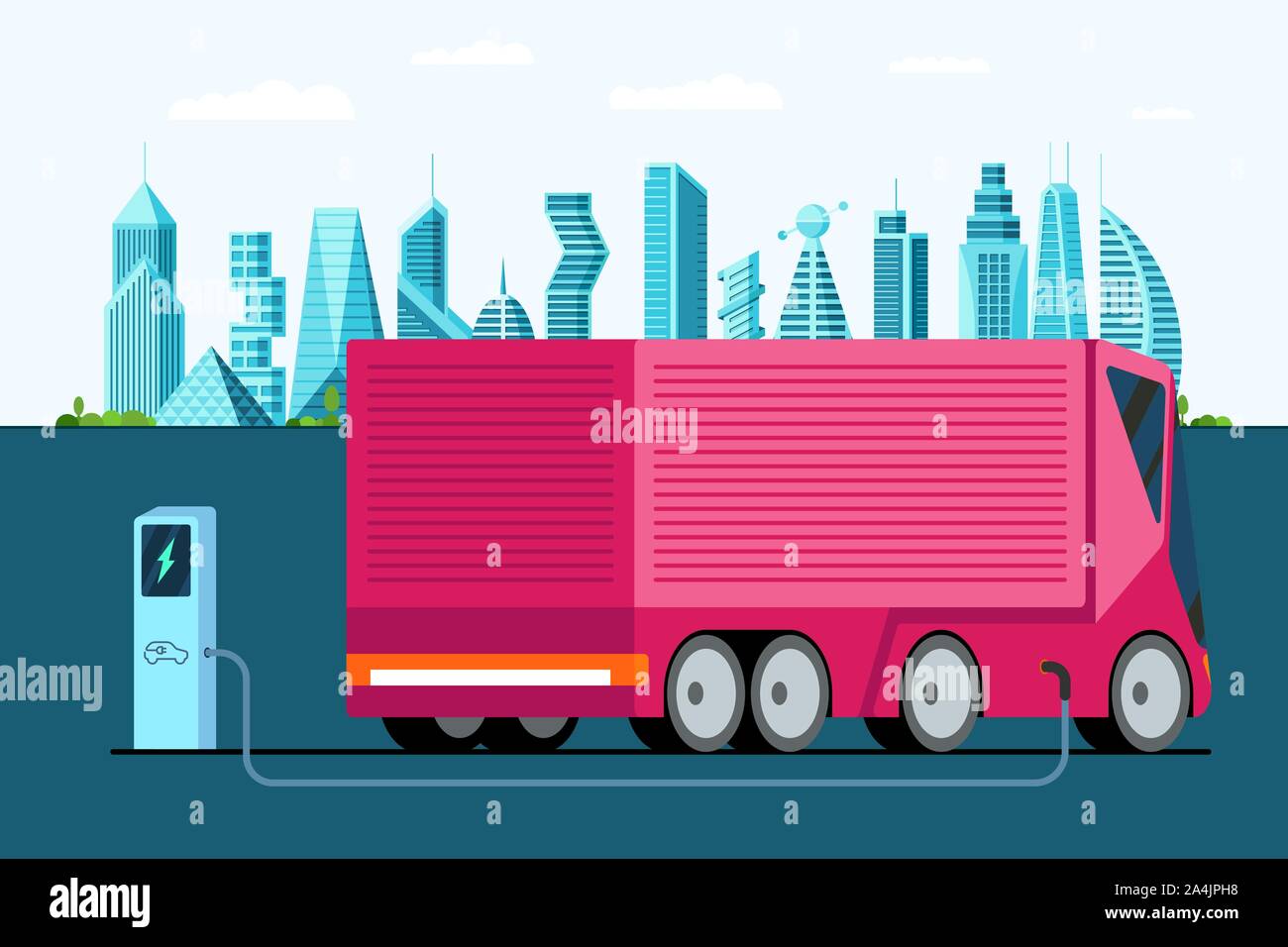 Electric truck at charging station. Hybrid futuristic semi trailer ...