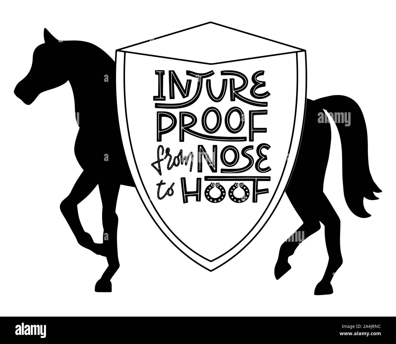 Injureproof from nose to hoof phrase on a large shield with horse ...