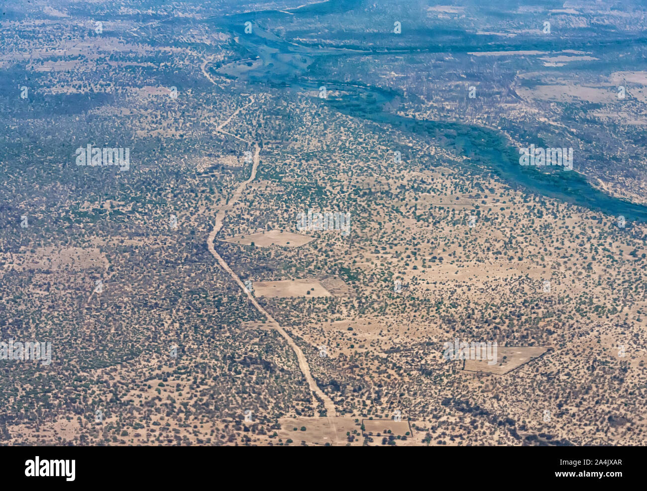 Typical landscape seen in a deserted area in Botswana, aerial view ...