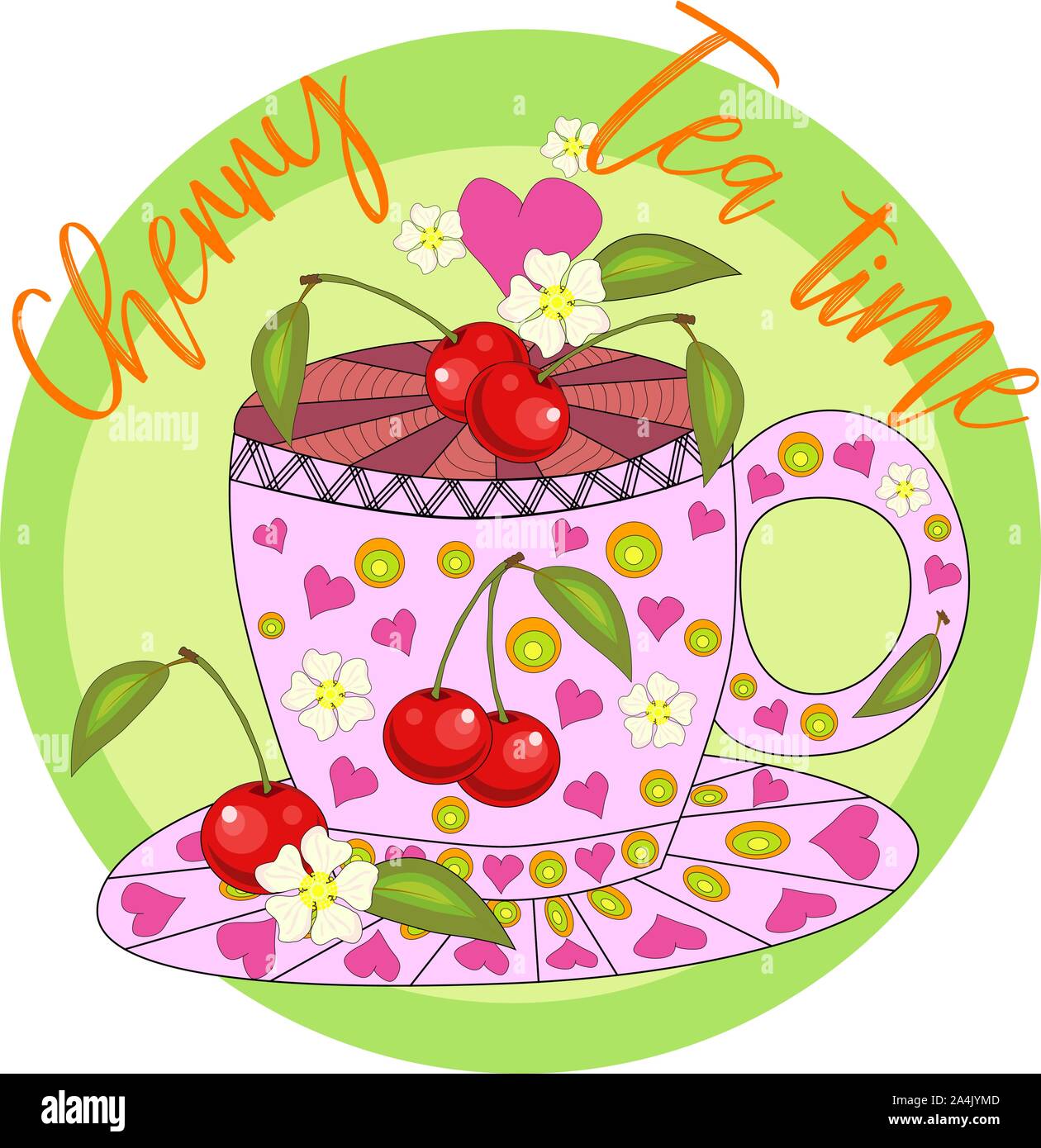 Cherry tea. Tea cooked with love. A cup with cherry berries, decorated ...