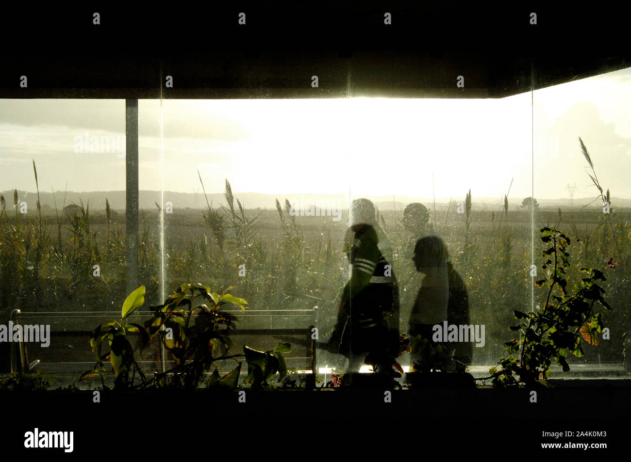 Silhouettes of two people walking by a window Stock Photo - Alamy