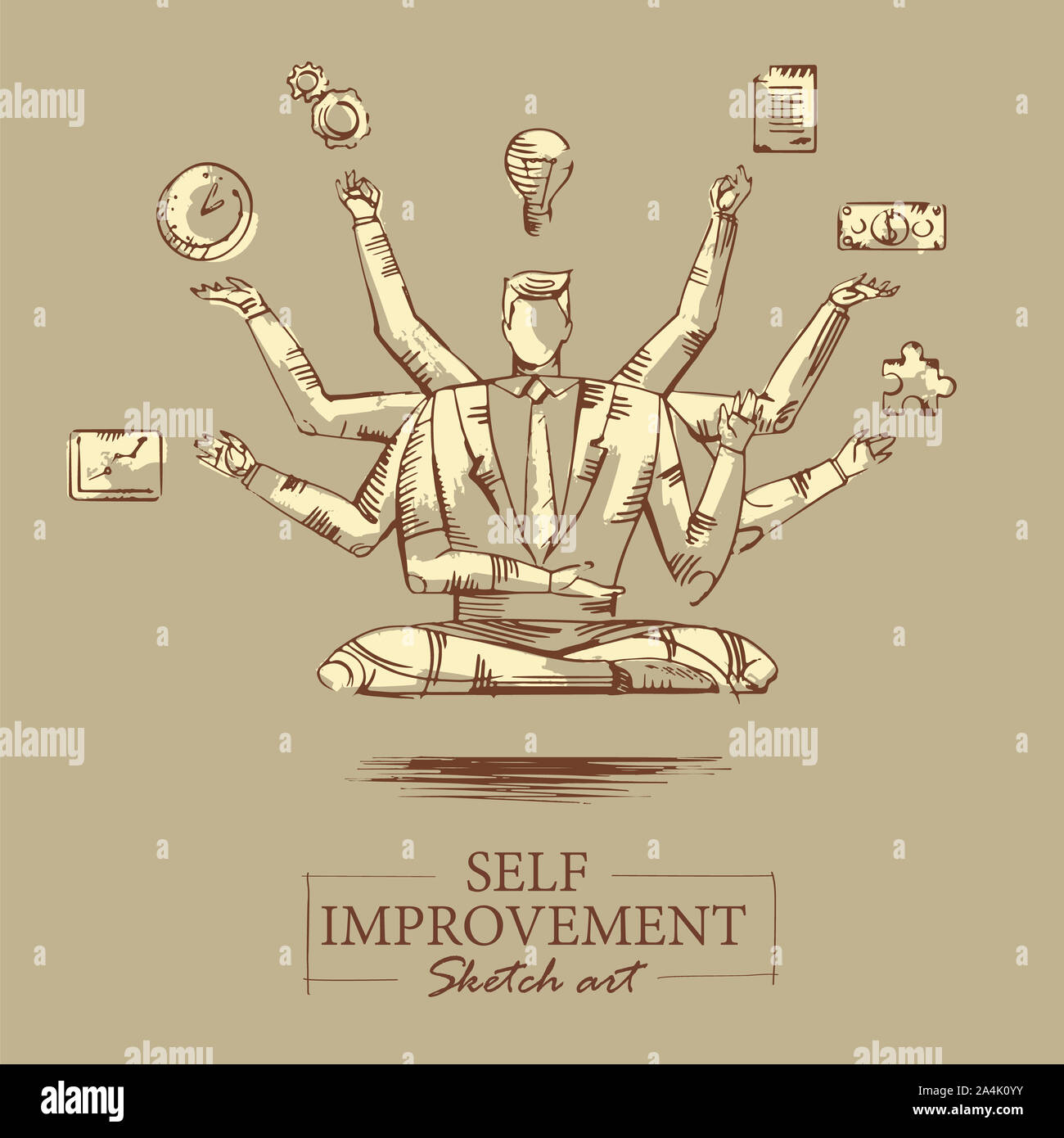 Brown toned modern stylised sketch of Businessman with multitasking ...