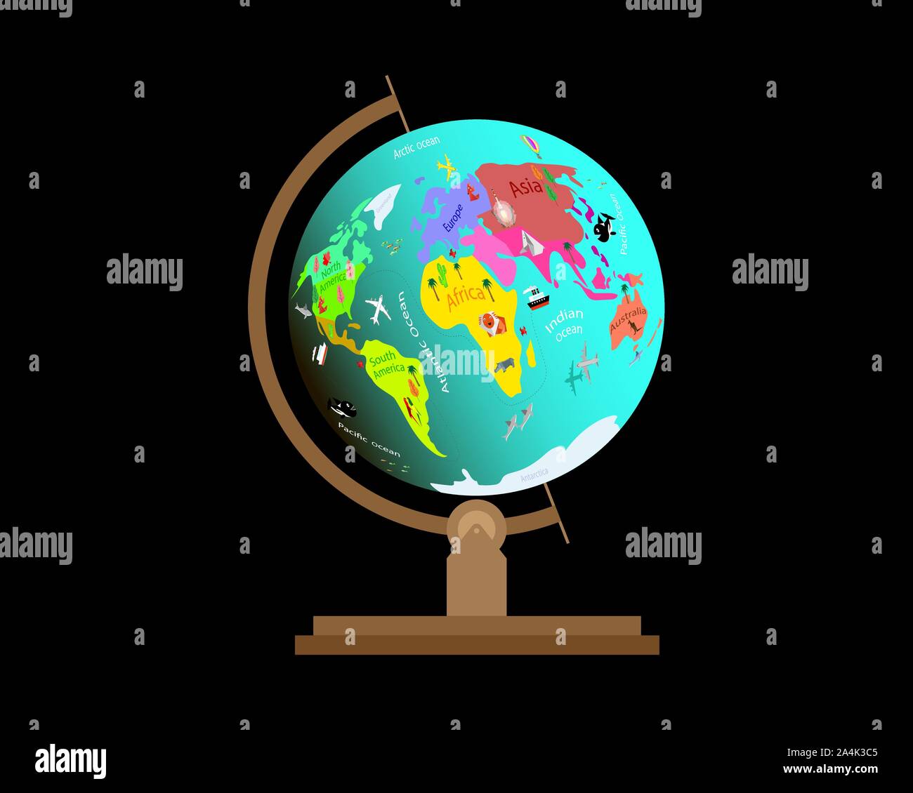 Globe in cartoon style on a black background. Vector illustration Stock ...