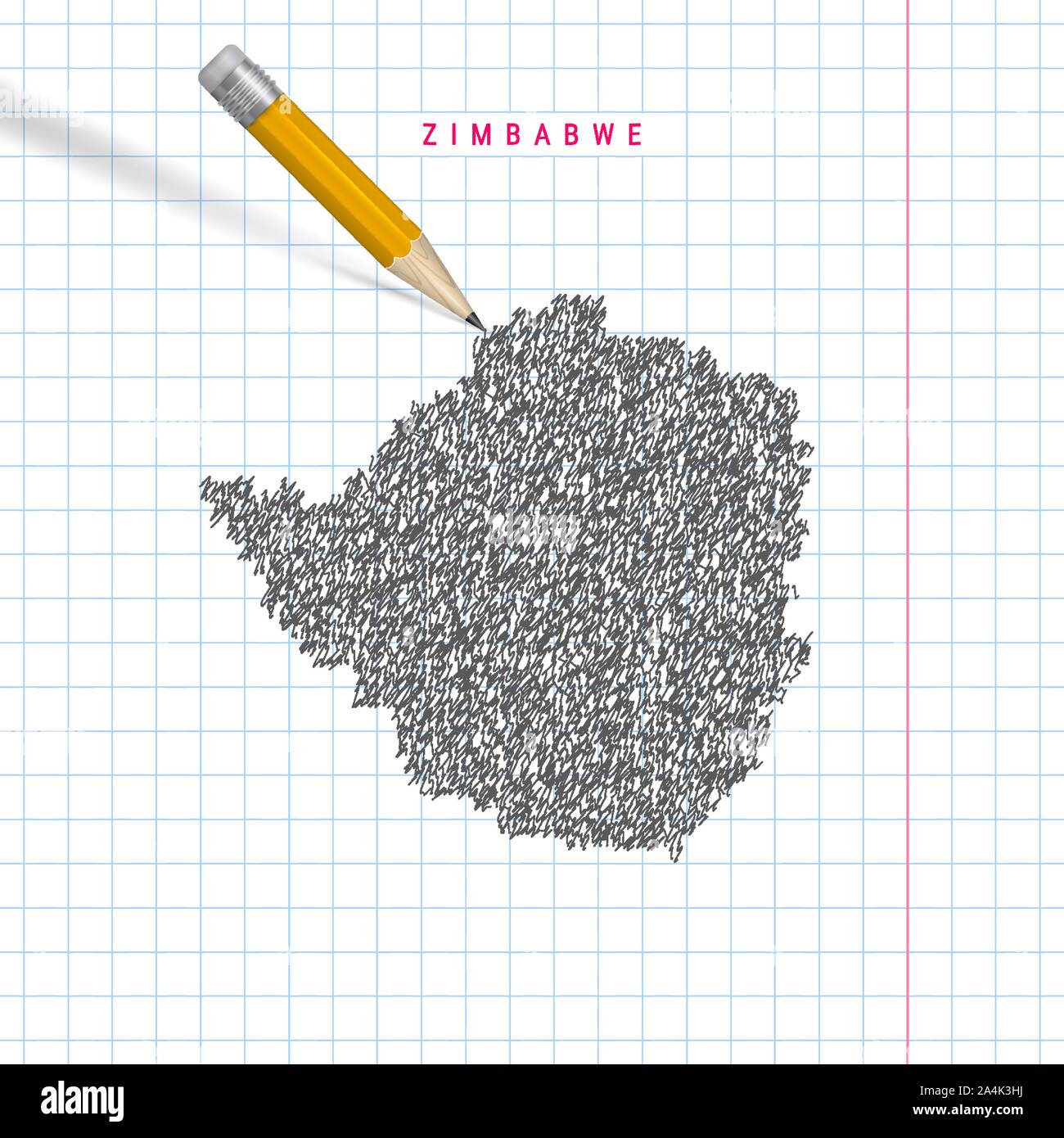 Zimbabwe sketch scribble map drawn on checkered school notebook paper ...