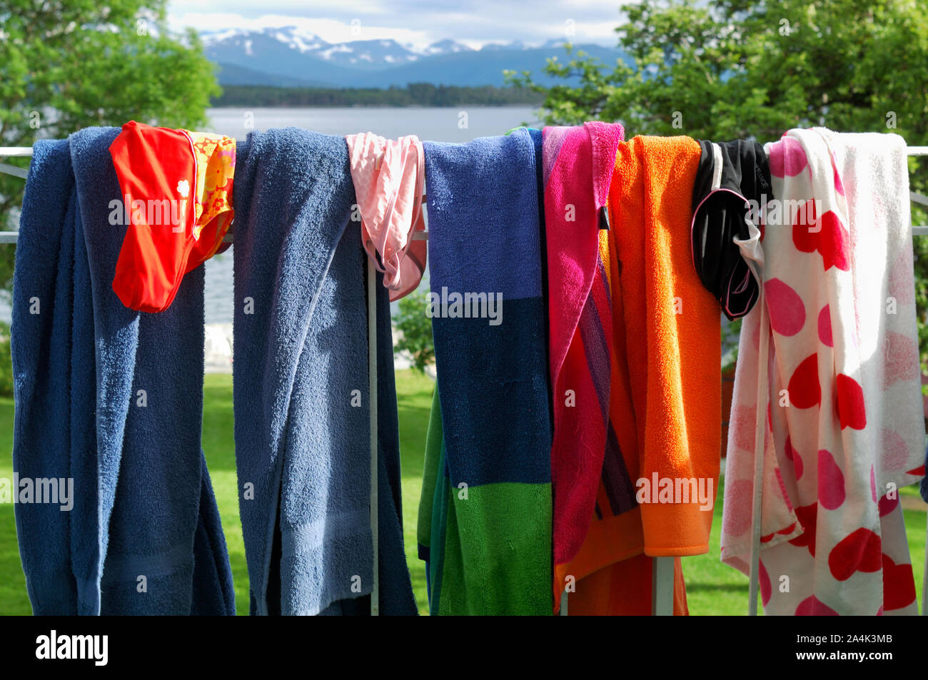 Bathing towels drying on washing line in Norway Stock Photo - Alamy