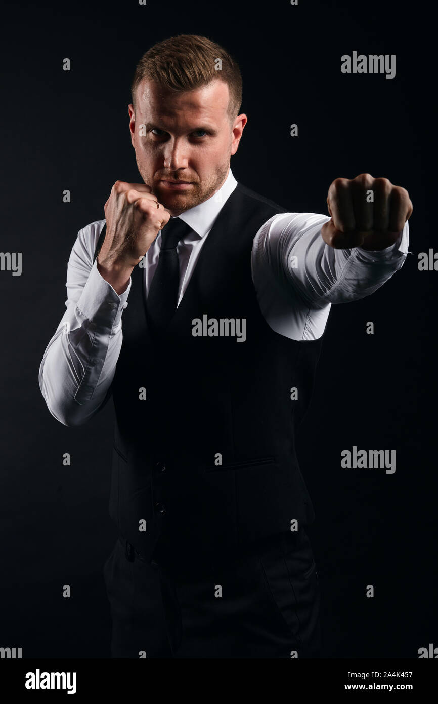 strong office worker boxing with enemy, safe, protection of business ...