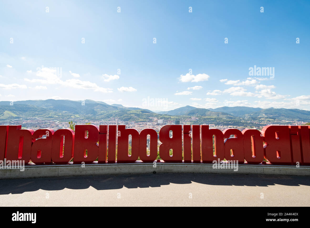 Bilbao tourist sign at Mount Artxanda viewpoint overlooking Bilbao ...