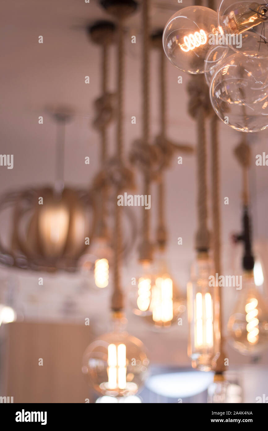 LED modern lights and bulbs on display in store lighting department ...