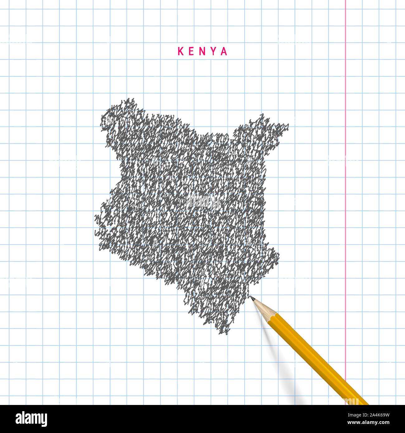 Kenya sketch scribble map drawn on checkered school notebook paper ...