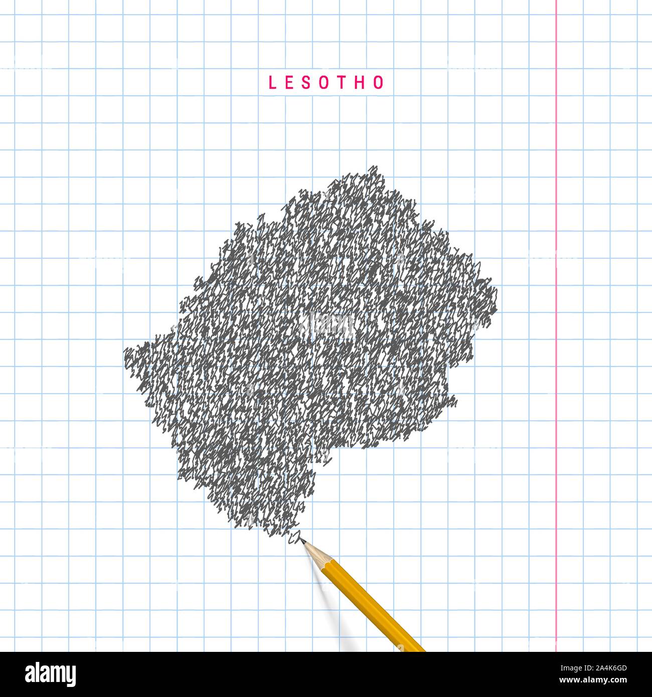 Lesotho sketch scribble map drawn on checkered school notebook paper ...