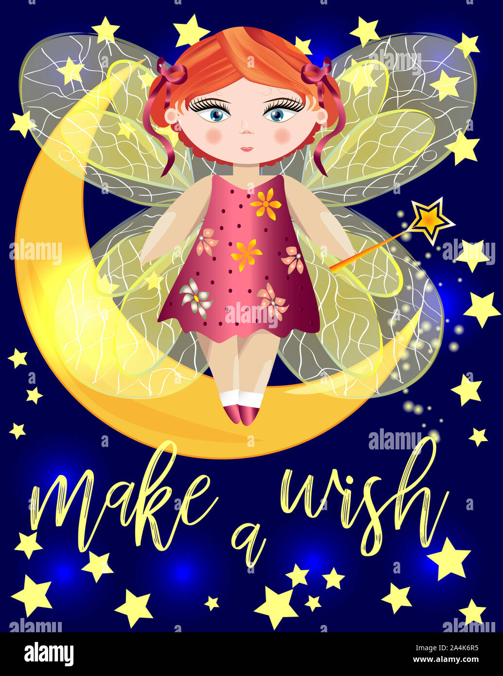 A fairy with wings and a magic wand on a crescent moon among the night ...