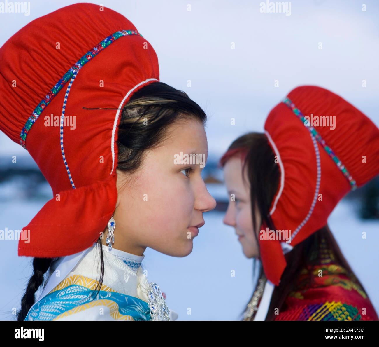 Portraits of young Laplander girls attending wedding. Lapp / Lapps ...