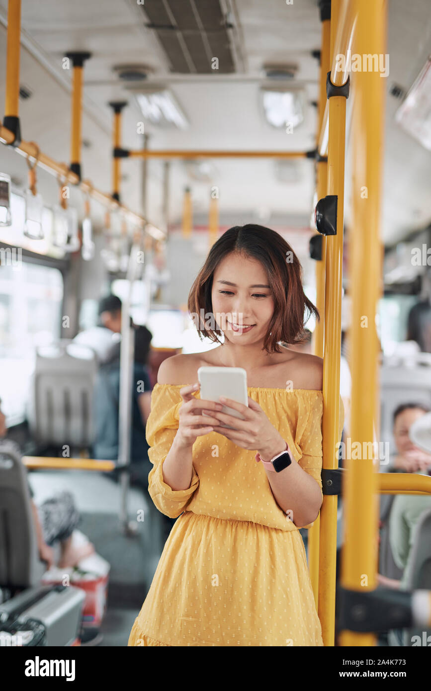 The passenger use smartphone in the bus or train, technology lifestyle ...