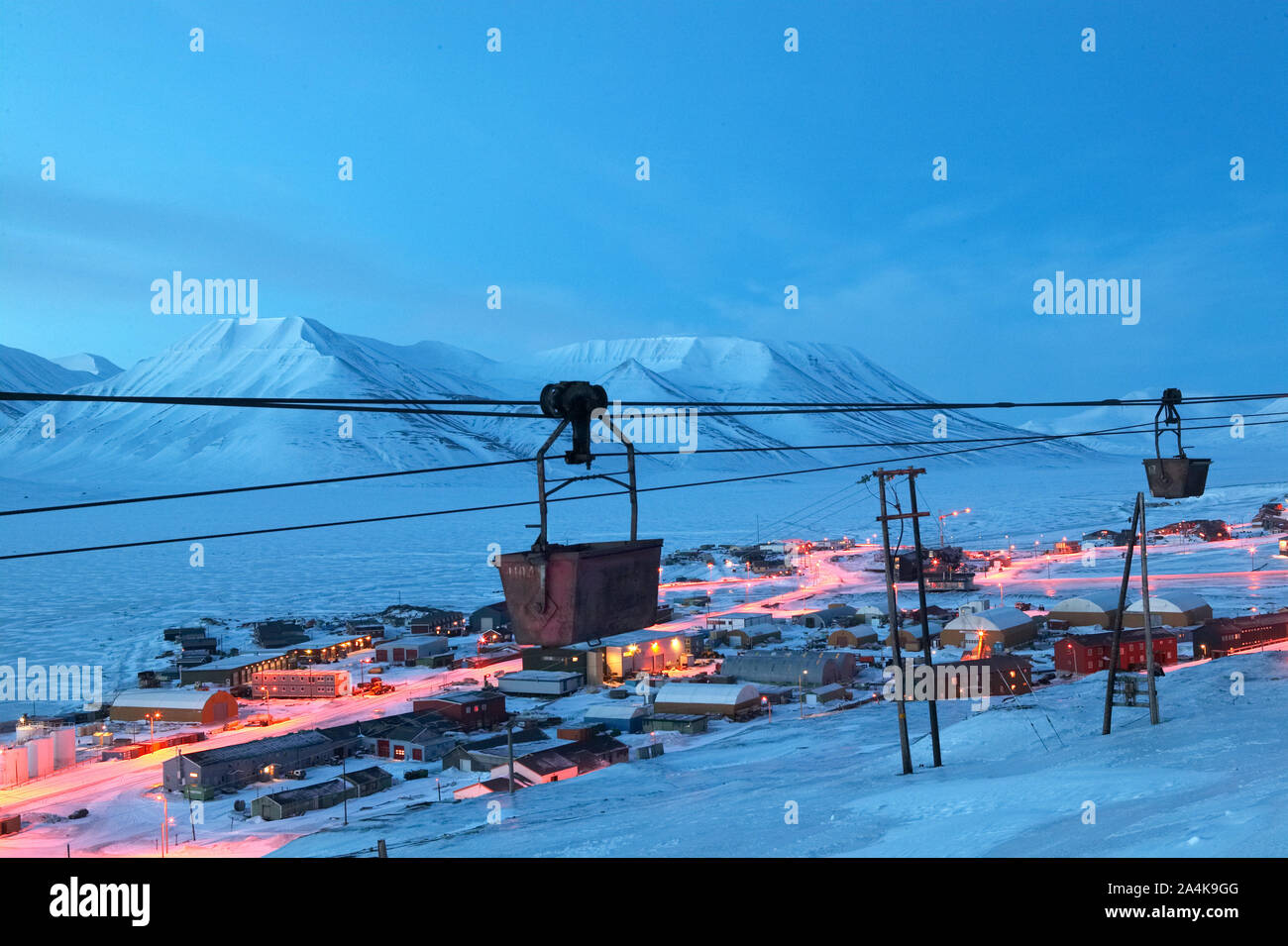 The town Longyearbyen on the island Spitsbergen at Svalbard. Carriages ...