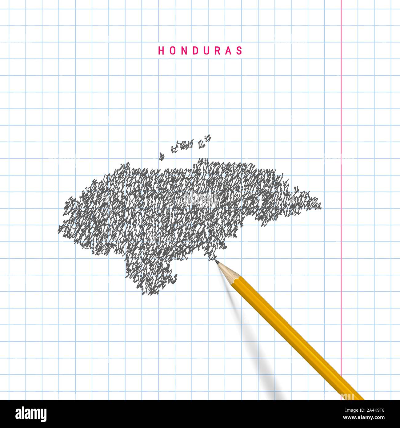 Honduras sketch scribble map drawn on checkered school notebook paper ...