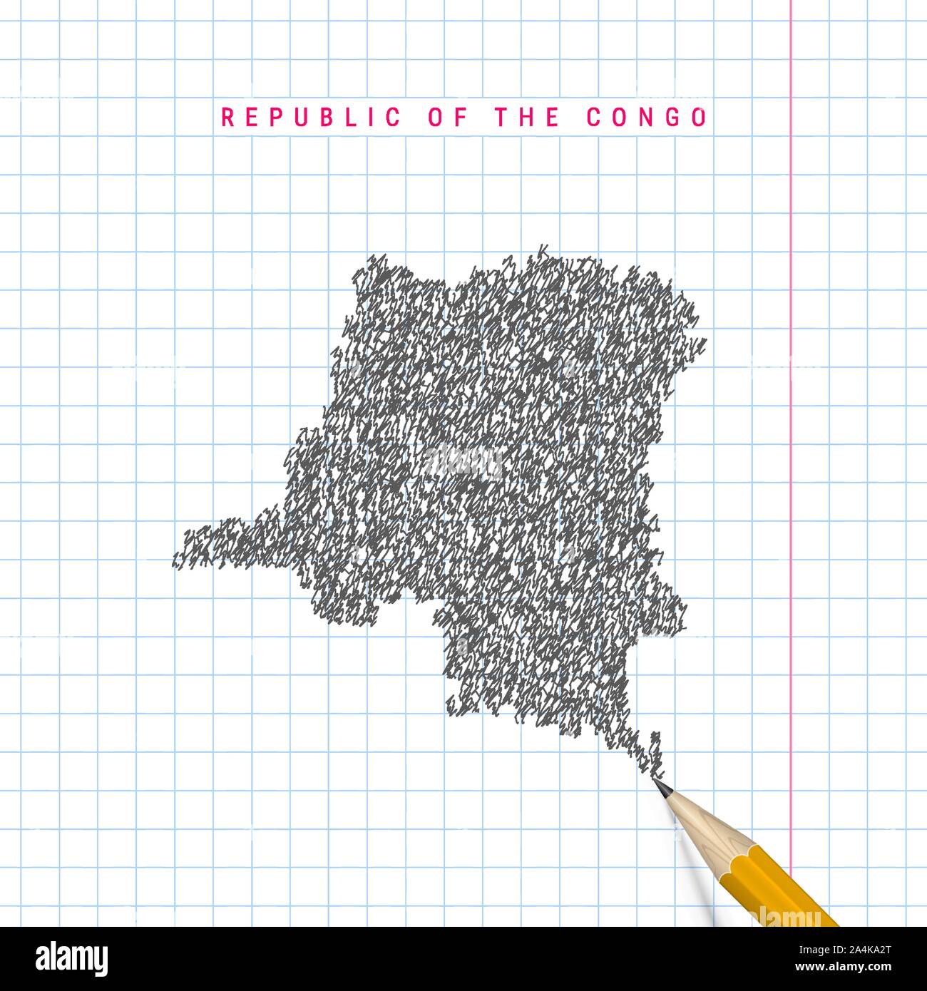 Republic of the Congo sketch scribble map drawn on checkered school notebook paper background ...