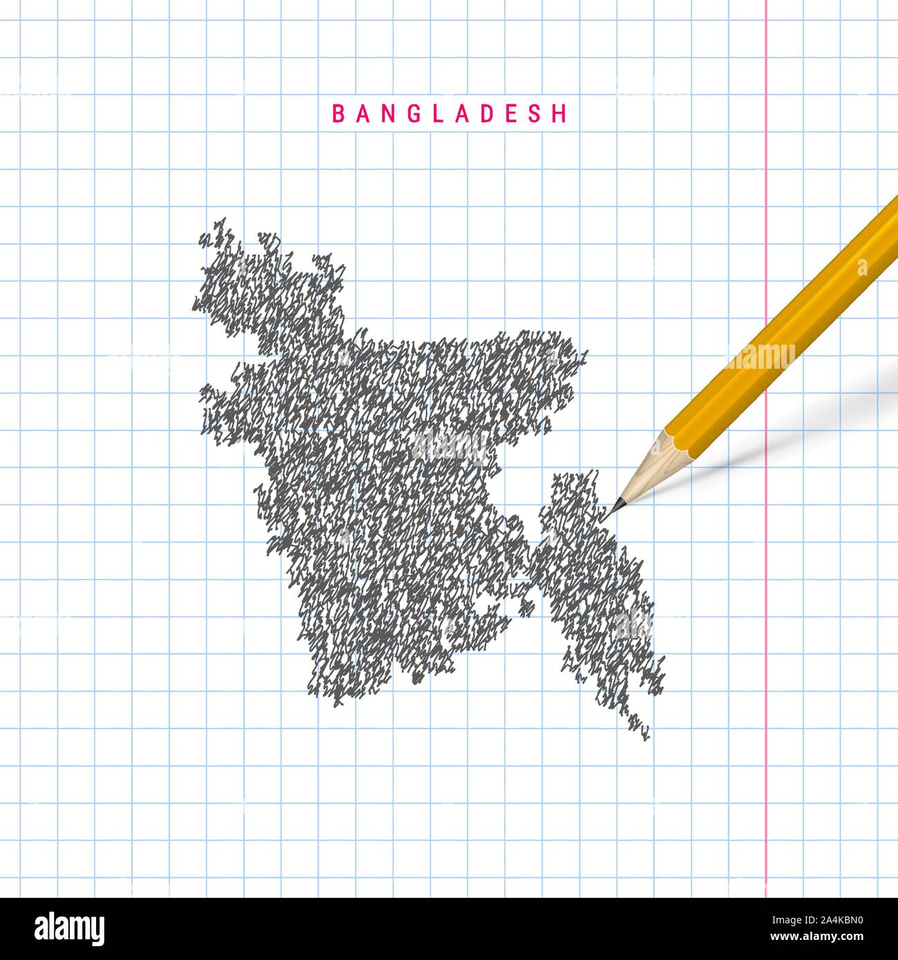 Bangladesh sketch scribble map drawn on checkered school notebook paper ...