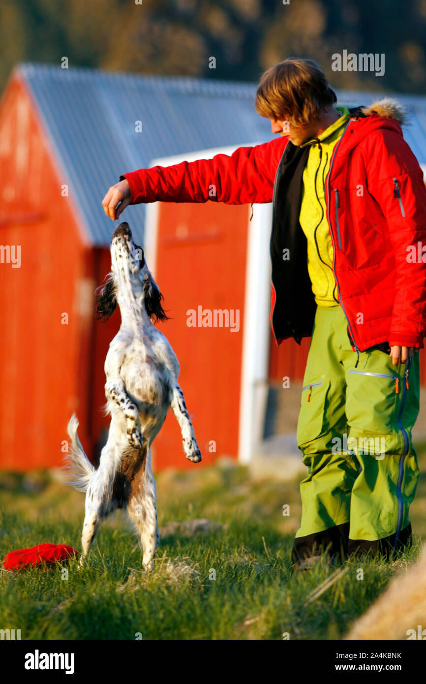 Boy teaching dog Stock Photo - Alamy