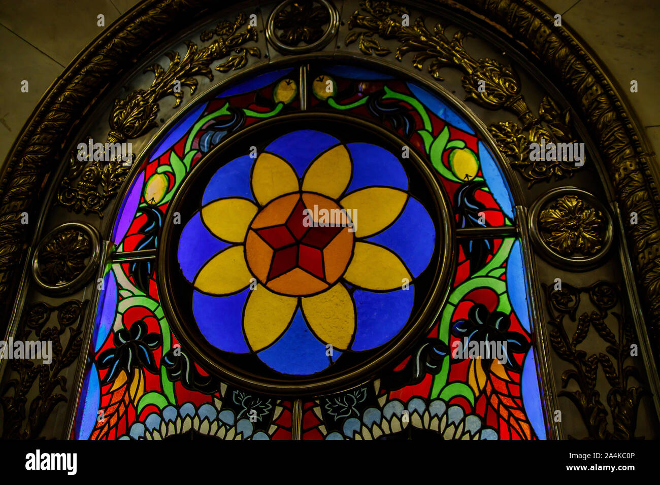 Moscow, Russia 10.13. 2019. Stained glass with floral pattern in the ...
