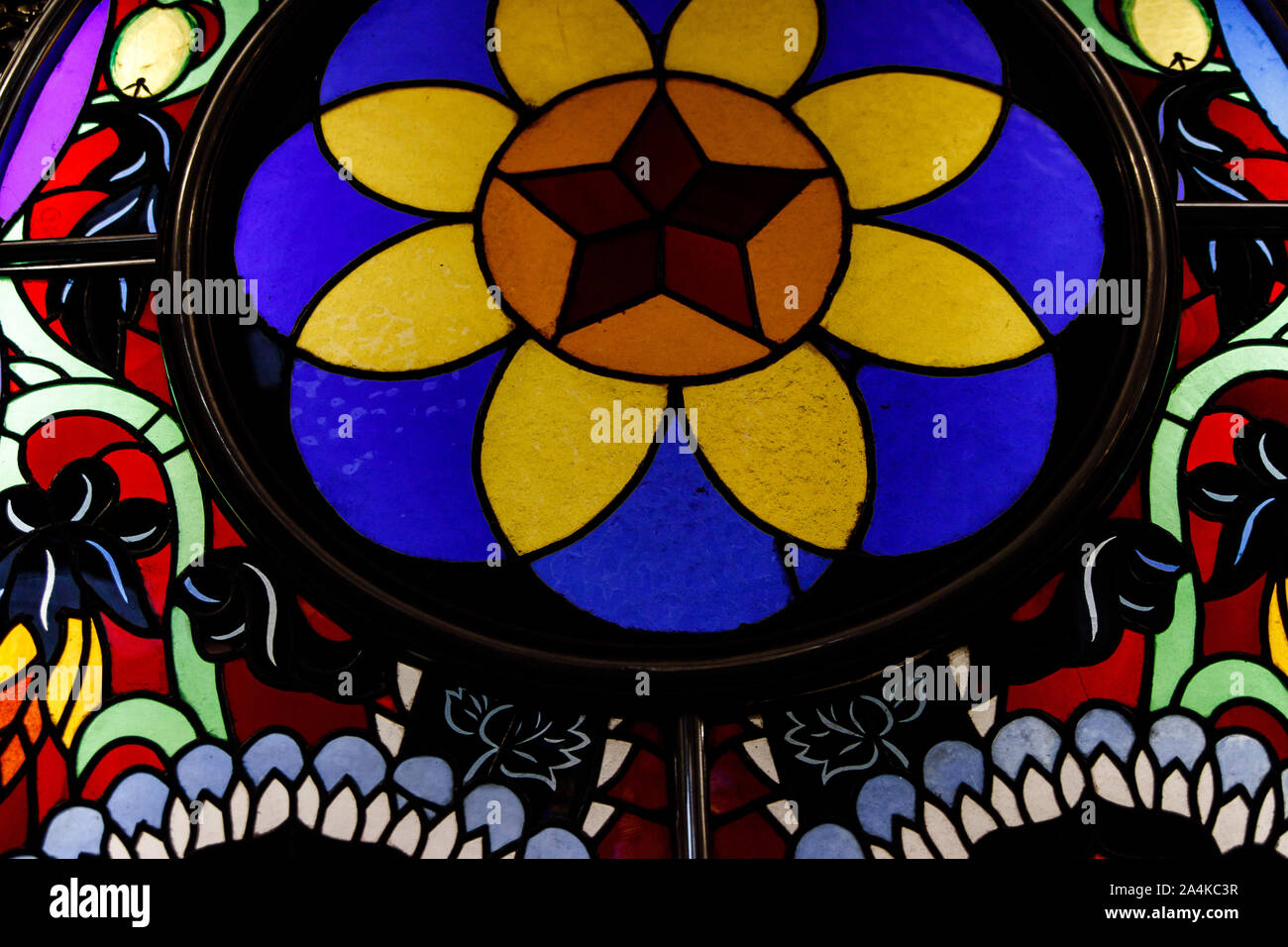 Moscow, Russia 10.13. 2019. Stained glass with floral pattern in the ...