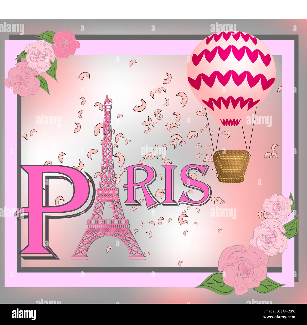 Romantic background with Eiffel Tower and pink roses Stock Photo - Alamy