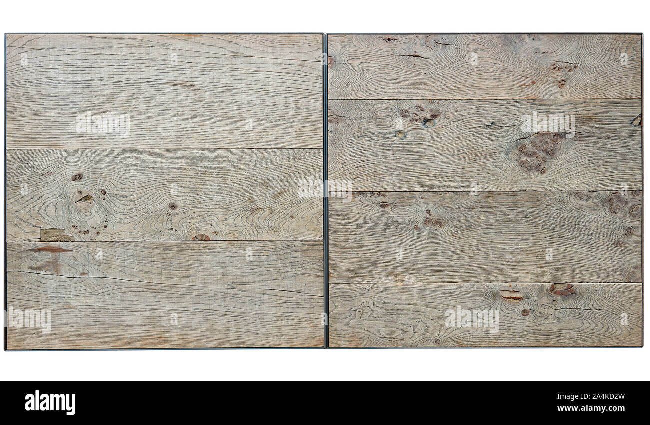 Two rustic wooden table side by side view from above. isolated with ...