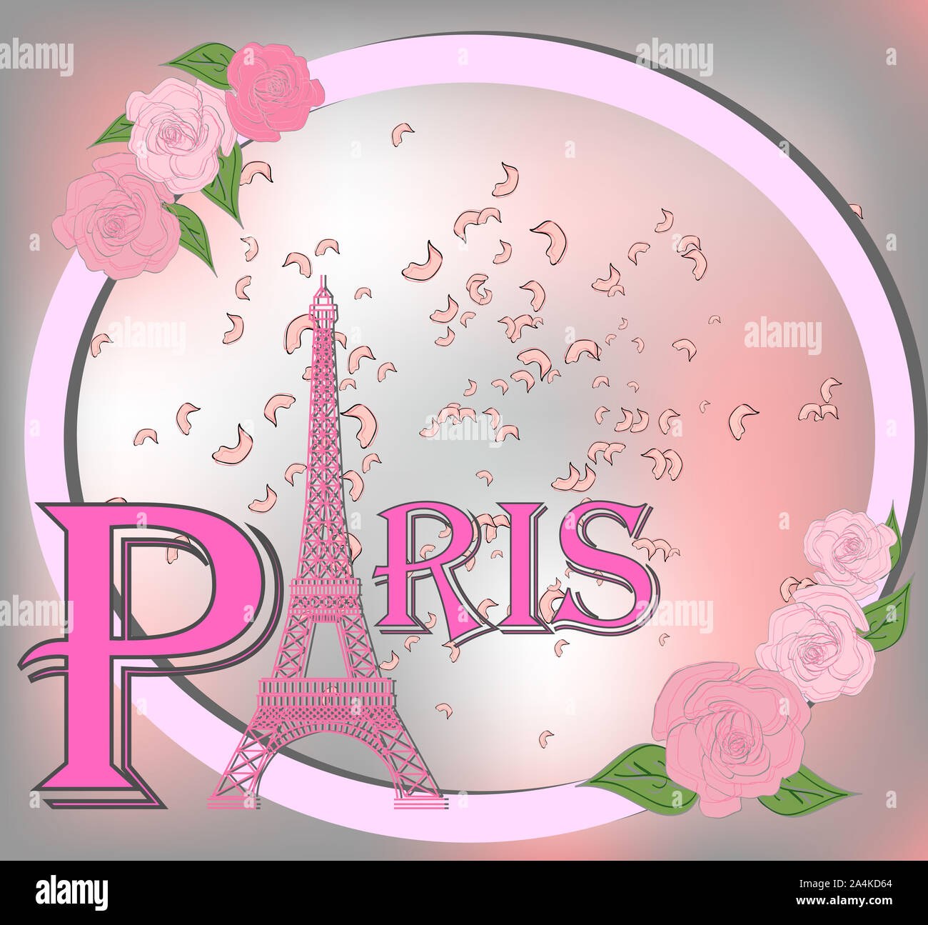 Romantic background with Eiffel Tower and pink roses Stock Photo - Alamy