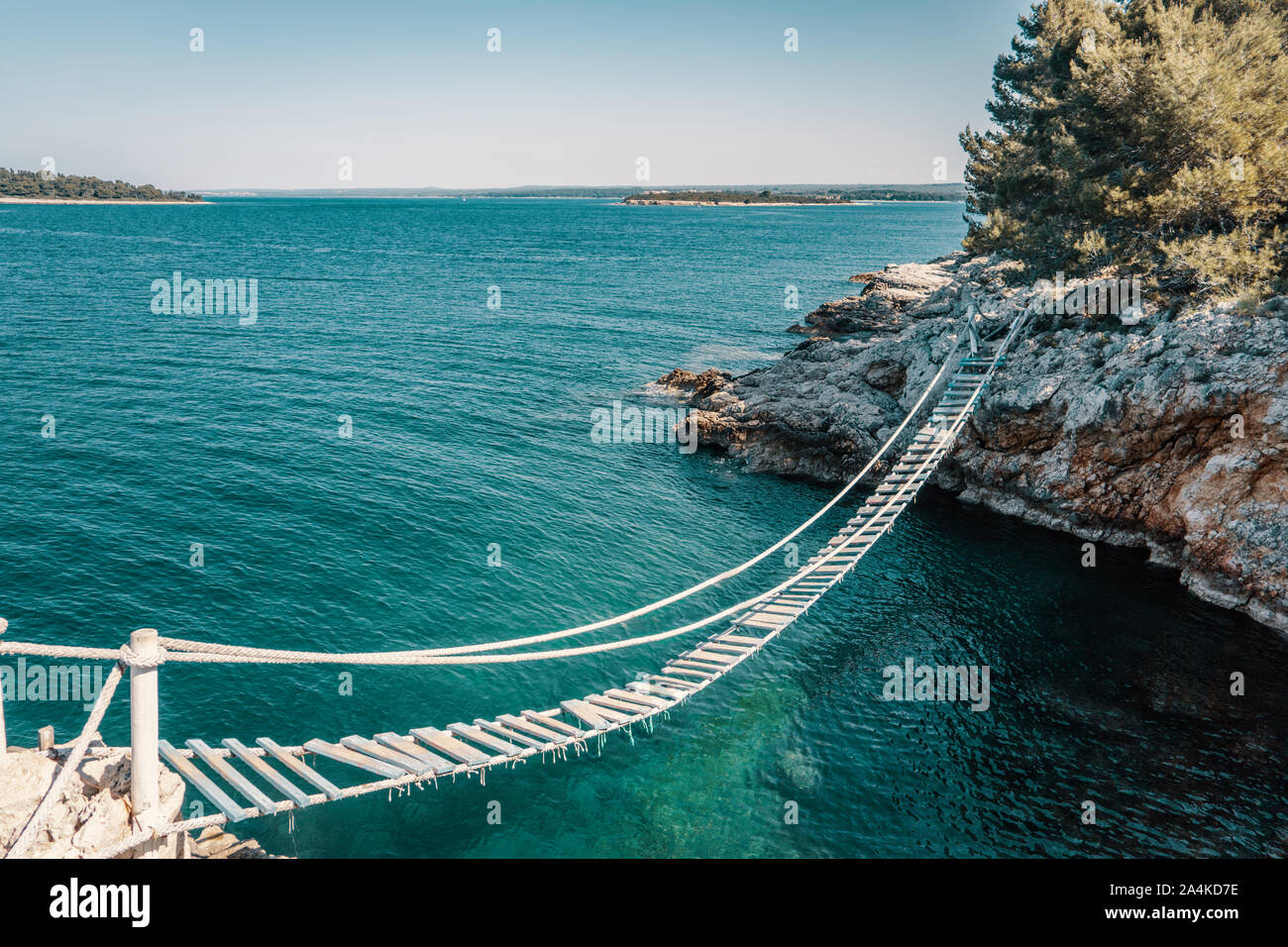 Above the rope bridge over a cliff in Punta Christo, Pula, Croatia ...