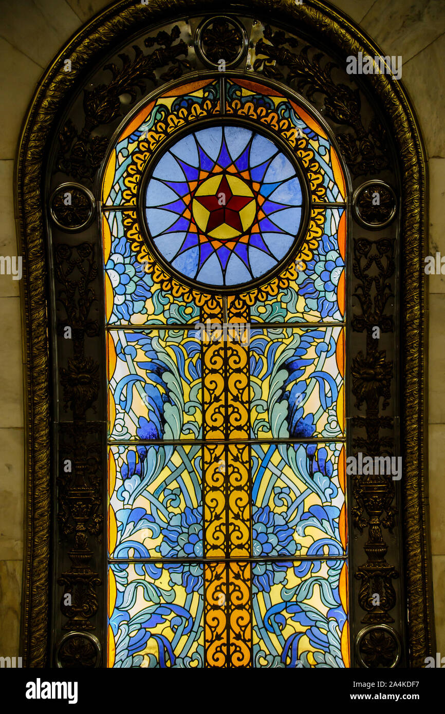 Moscow, Russia 10.13. 2019. Stained glass with floral pattern in the ...