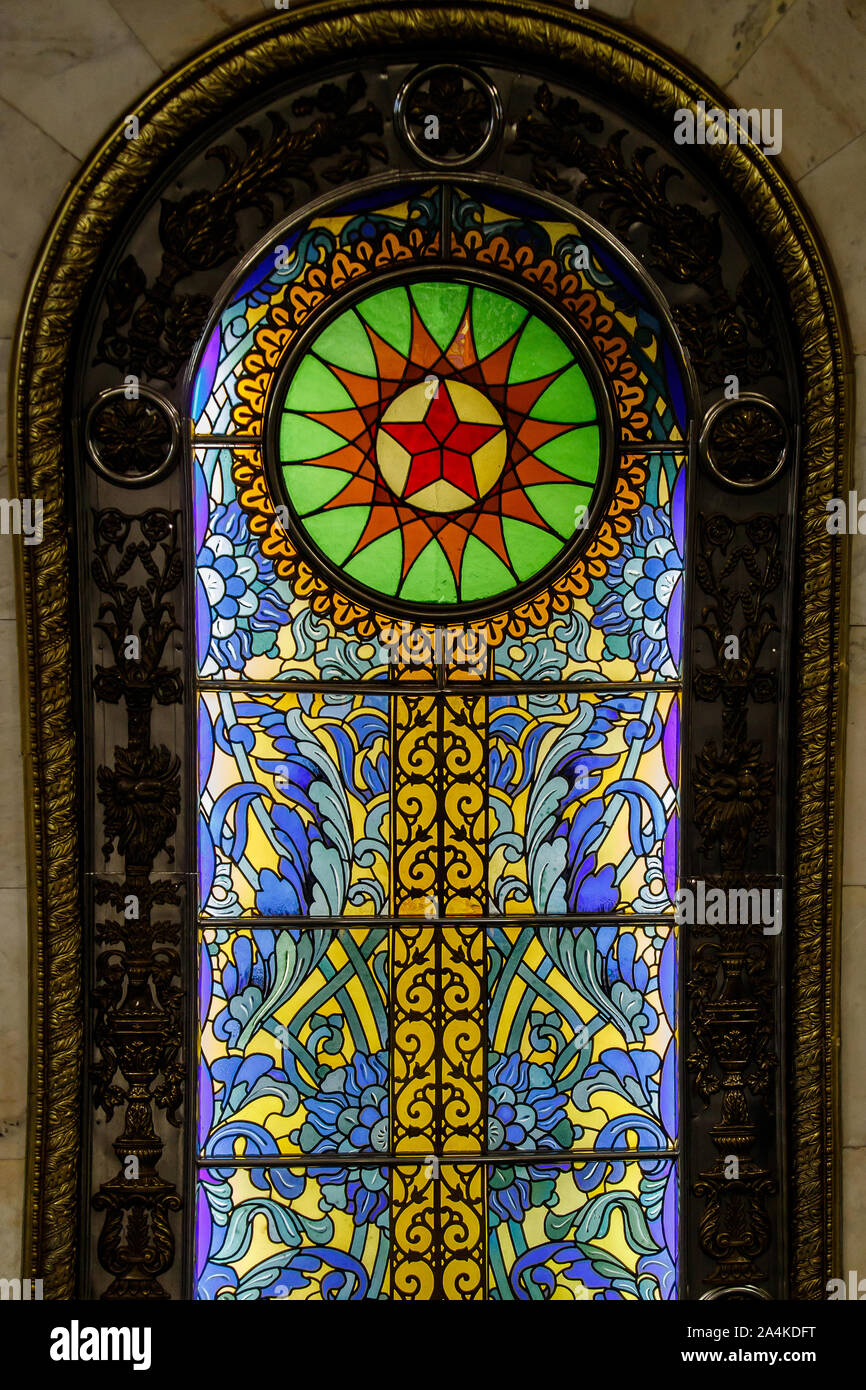 Moscow, Russia 10.13. 2019. Stained glass with floral pattern in the ...