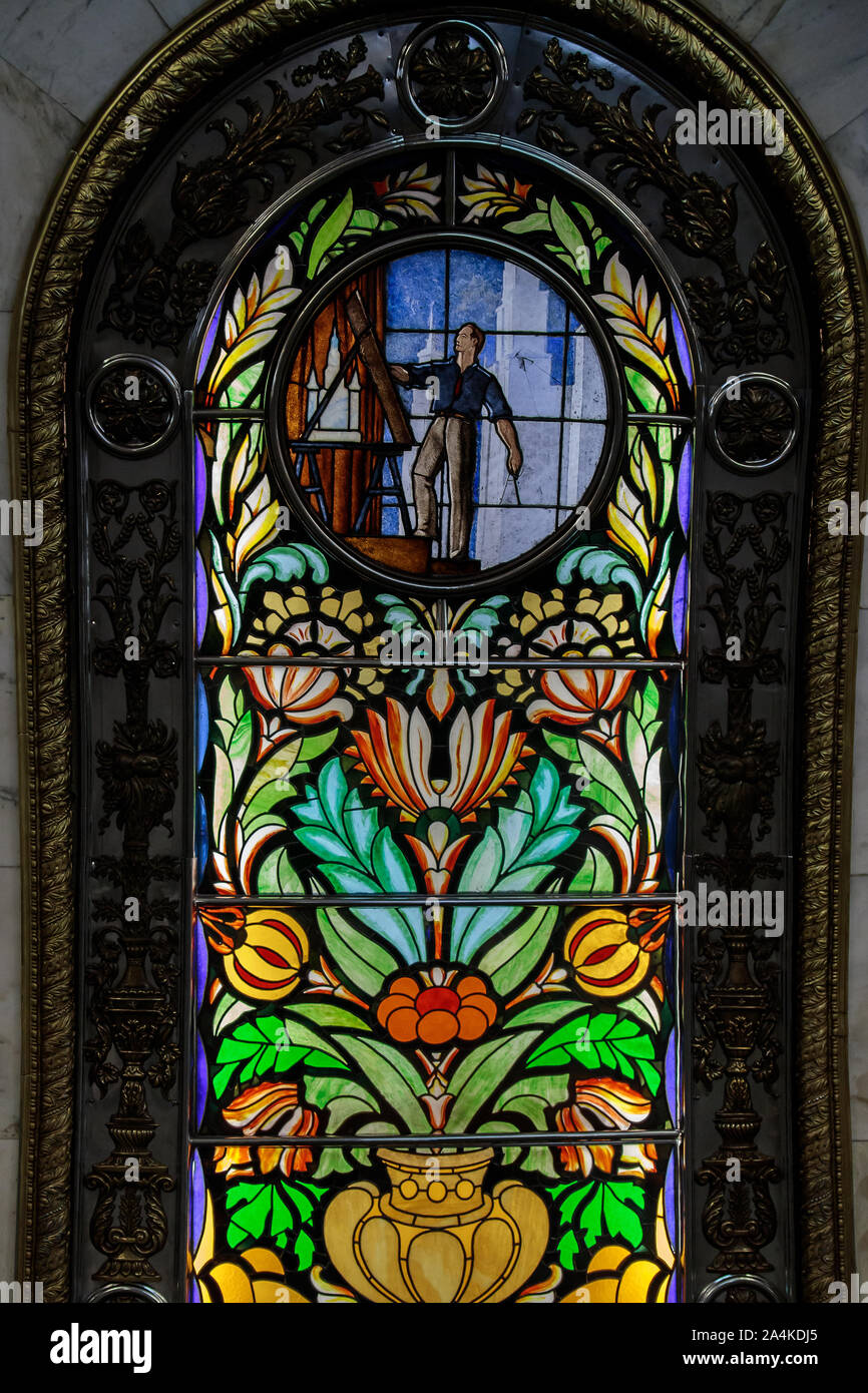 Moscow, Russia 10.13. 2019. Stained glass with floral pattern in the ...