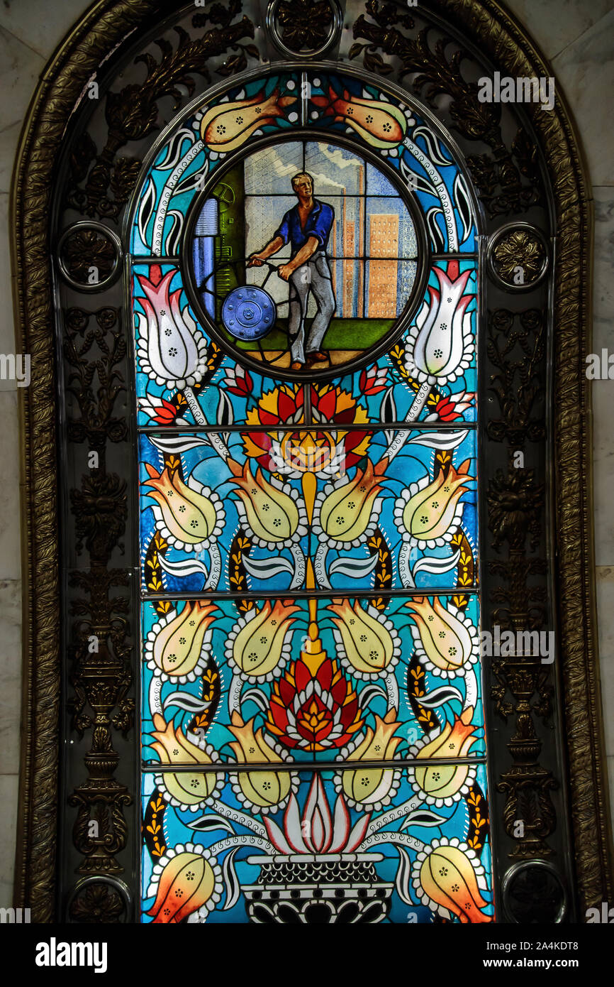 Moscow, Russia 10.13. 2019. Stained glass with floral pattern in the ...