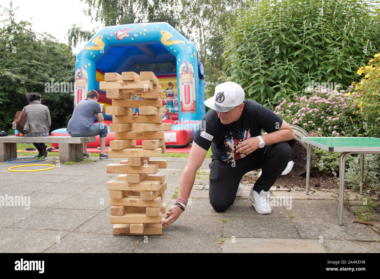 Sheffield, UK: 1 Aug 2016 :a Timebuilders volunteer plays giant Jenga ...