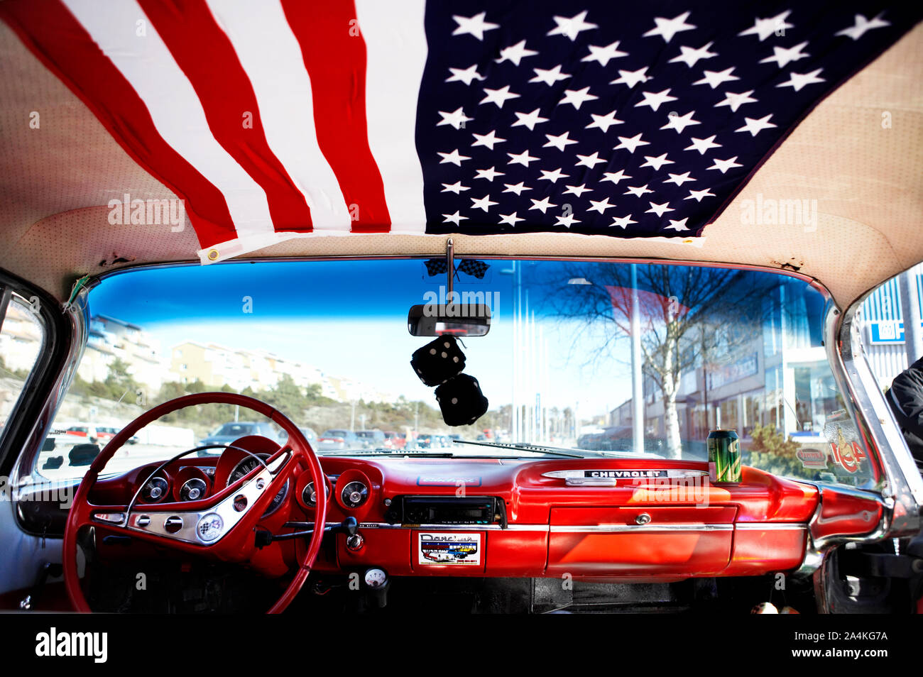 Windshield of Vintage Car - Amcar - dice Stock Photo - Alamy